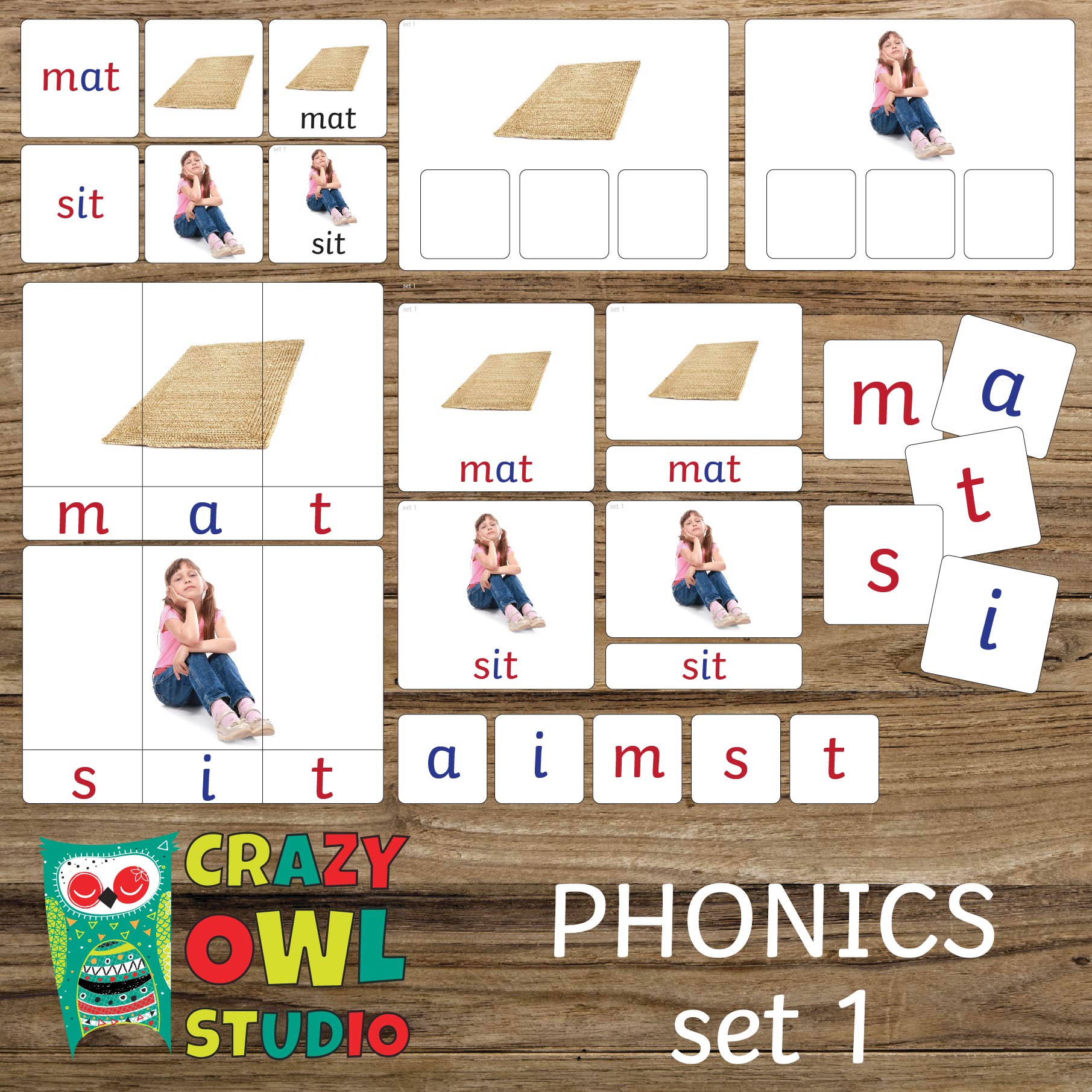 Angličtina phonics – set 1 a i m s t – Crazy Owl Studio