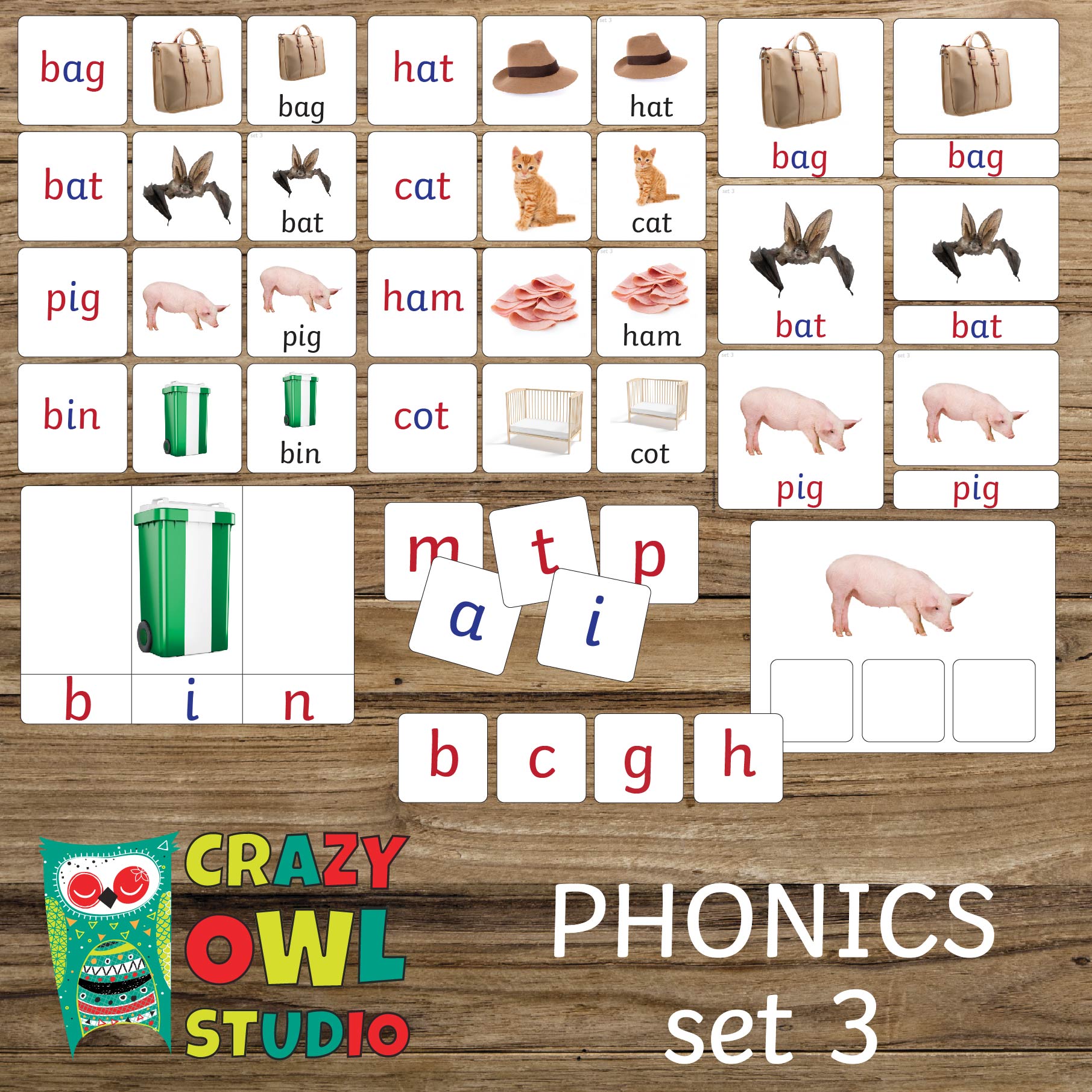 Angličtina phonics – set 3 b c g h – Crazy Owl Studio
